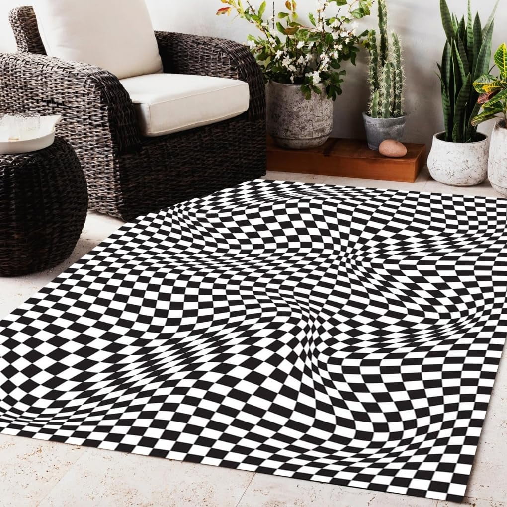 Green White Checkered Pattern Area Rug Modern Boho Checkerboard Carpet ...