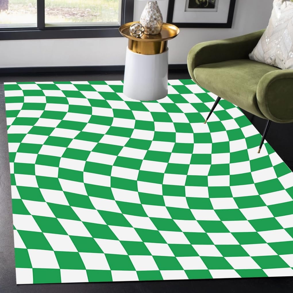 Green White Checkered Pattern Area Rug Modern Boho Checkerboard Carpet ...