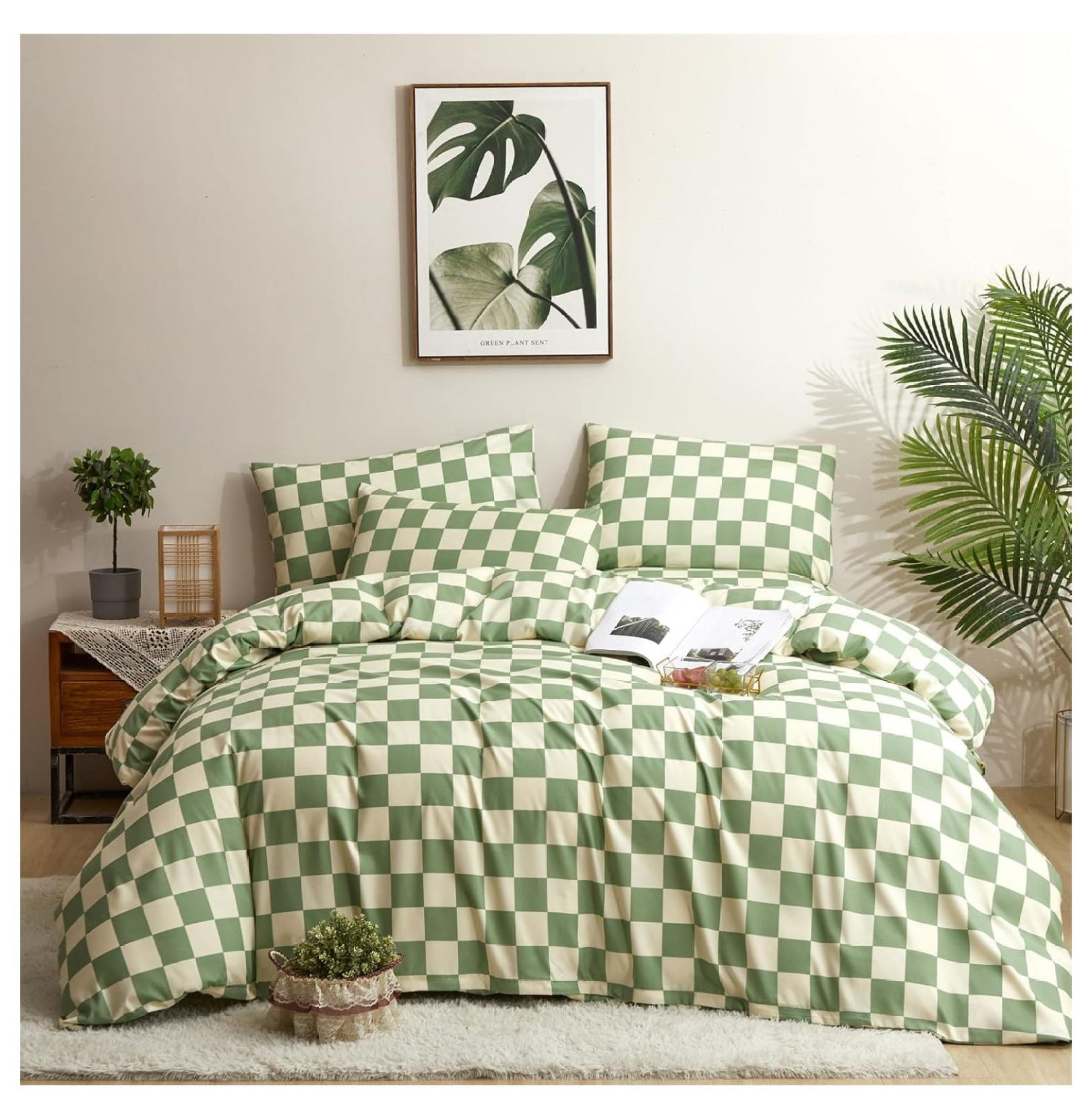Green and White Comforter Set Queen Plaid Sage Green Buffalo Checkered ...