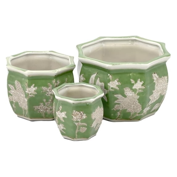 Green & White Floral Porcelain Ceramic Decorative Flower Pot 8"/6"/4.5 ...