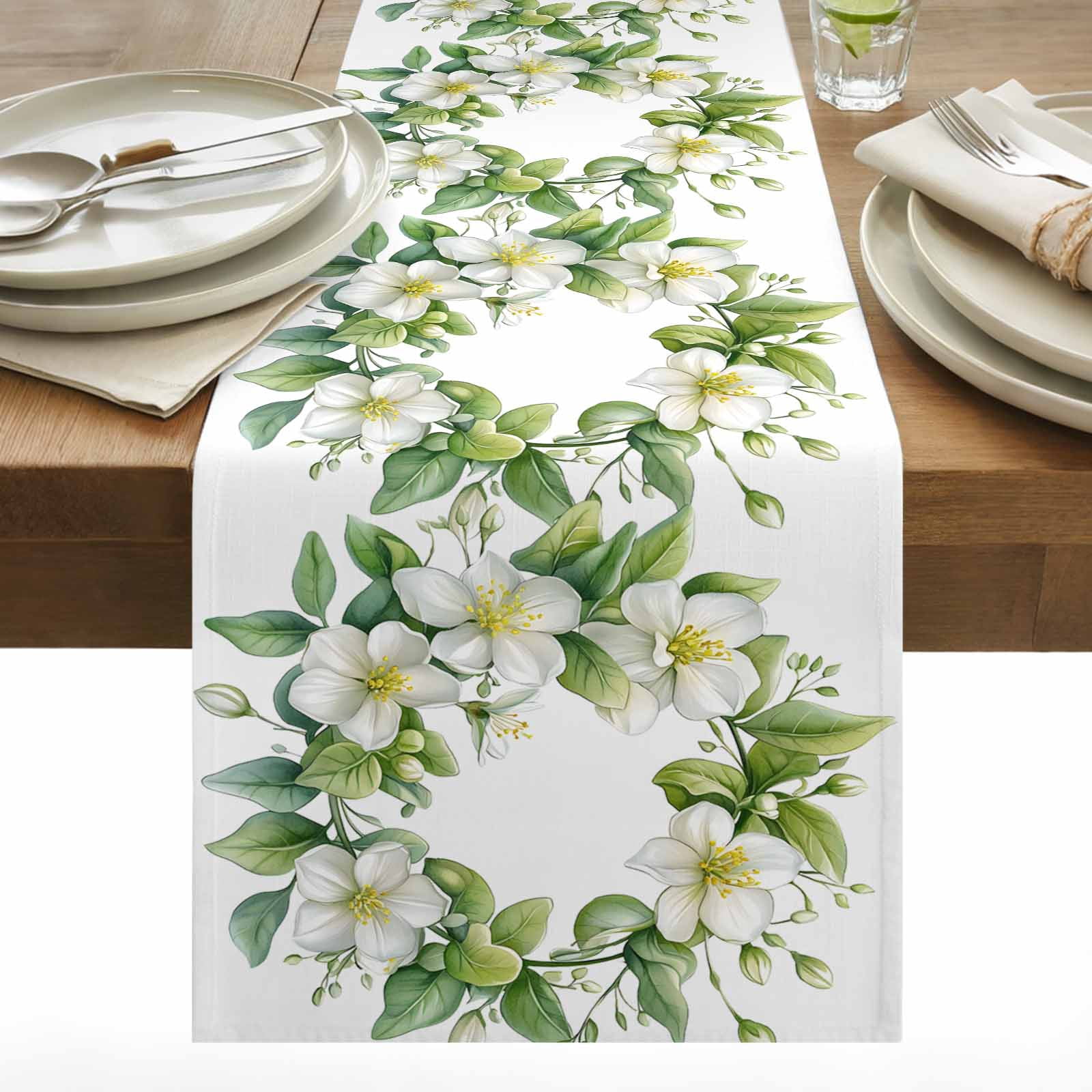 Green White Gardenia Cotton Linen Table Runner Spring Green Floral Leaf ...