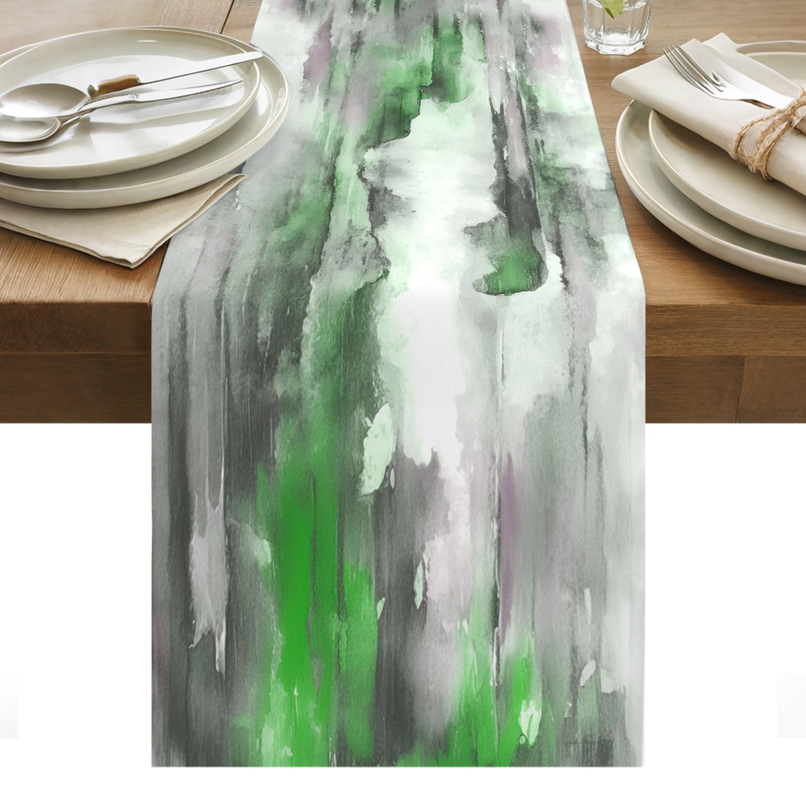 Green White Gray Abstract Cotton Linen Table Runner Watercolor Gradient ...