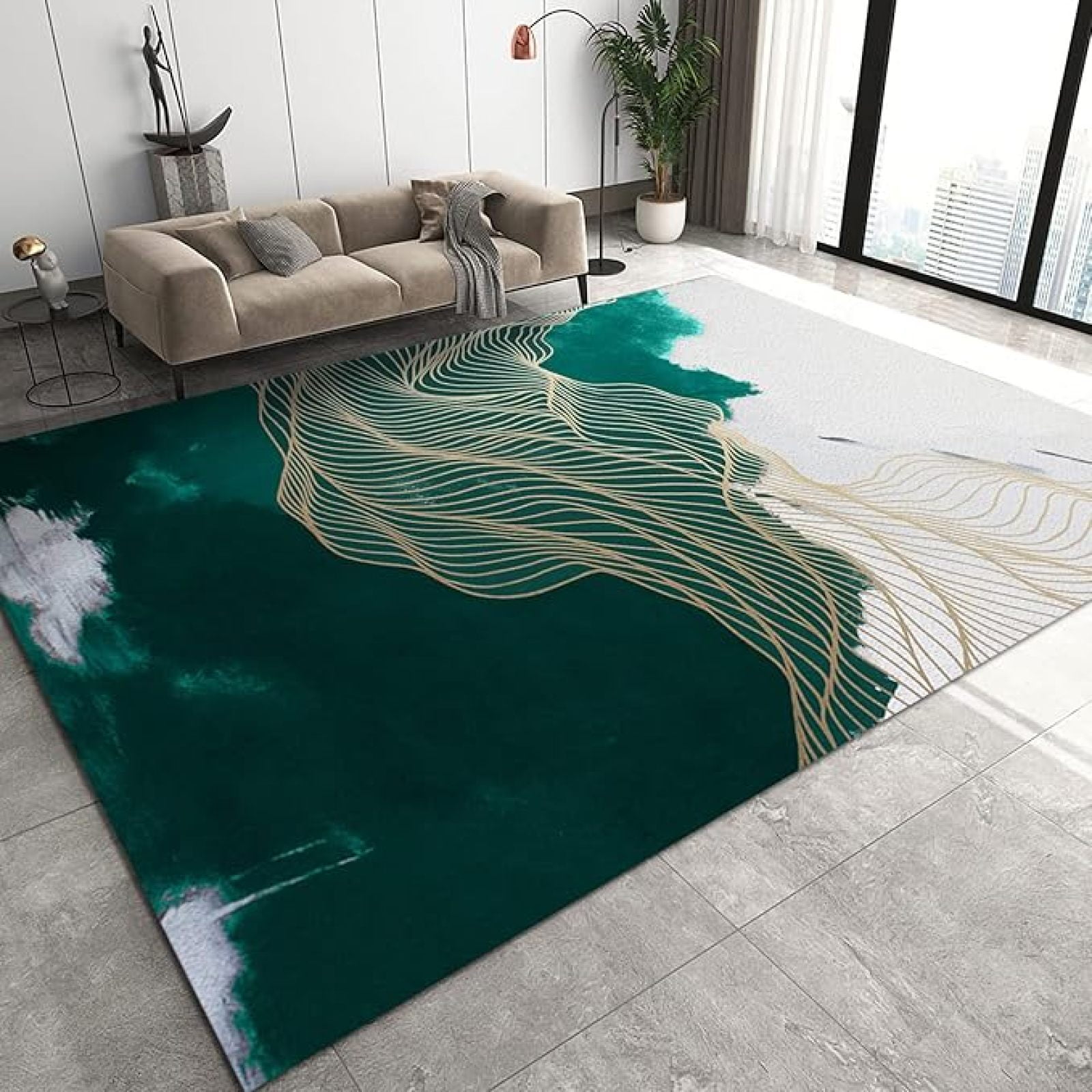 Green And White Ink Area Rugs, Golden Curved Lines Chinese Style Anti ...