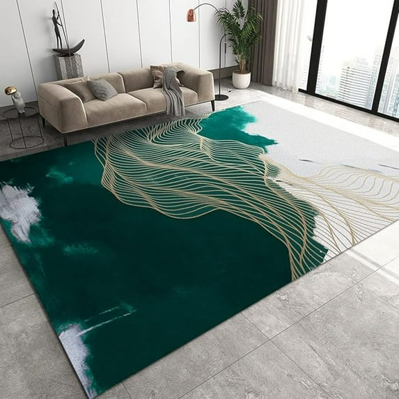 Green And White Ink Area Rugs, Golden Curved Lines Chinese Style Anti ...
