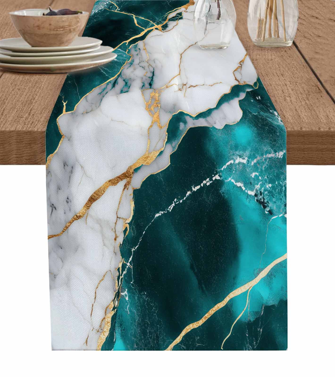 Green White Marble Table Runners 90 Inches Long, Cotton Linen Fabric ...
