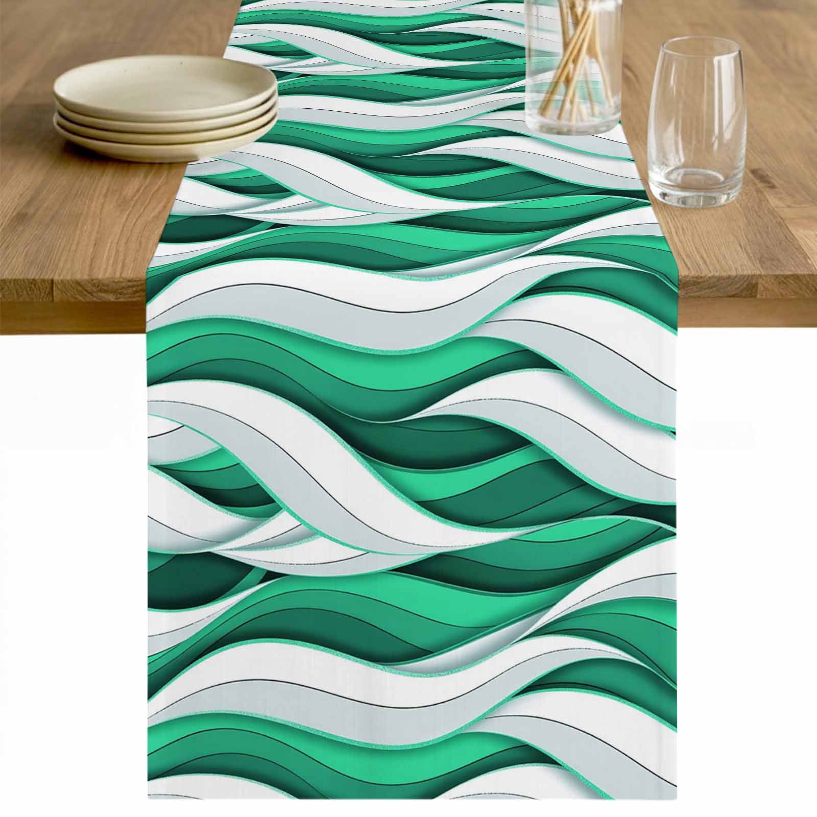 Green White Moire Table Runner - 70 Inch Long Modern Abstract Art ...