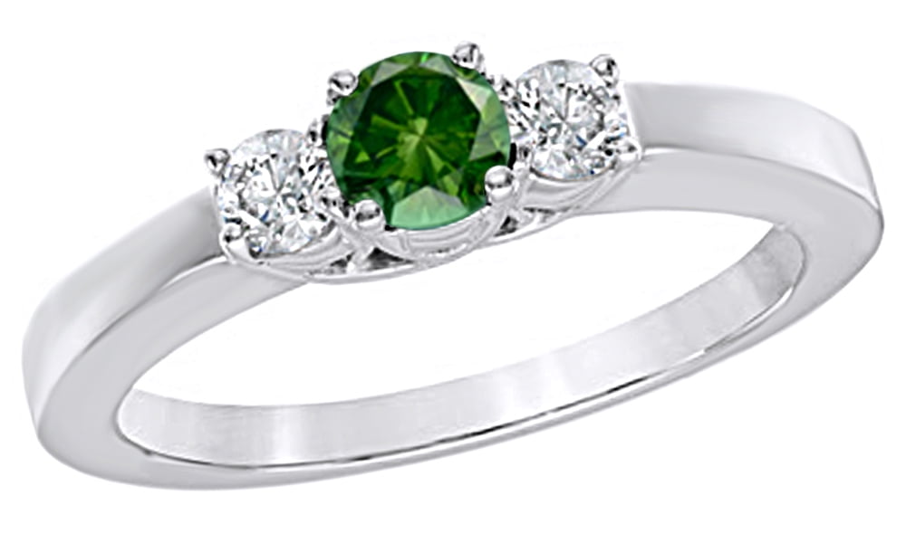 AFFY Green &White Natural Diamond Three Stone Engagement Ring in 14k ...