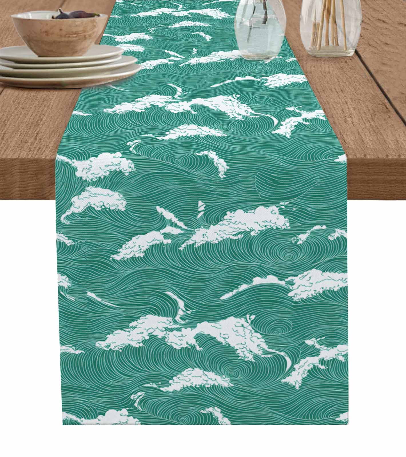 Green White Ocean Waves Table Runner 90 Inches, Coastal Abstract Art Moire Bed Runner Dresser ...
