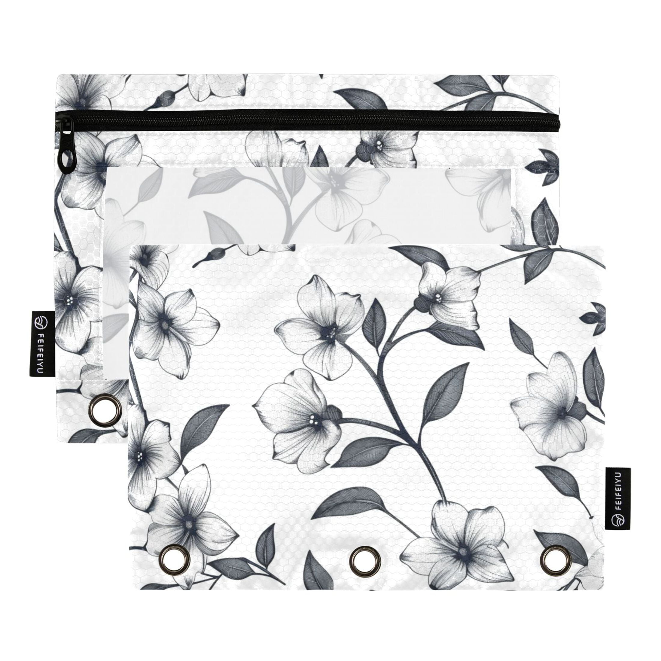 Green White Palm Leaves Shells Binder Pouches Zipper Pocket Document ...