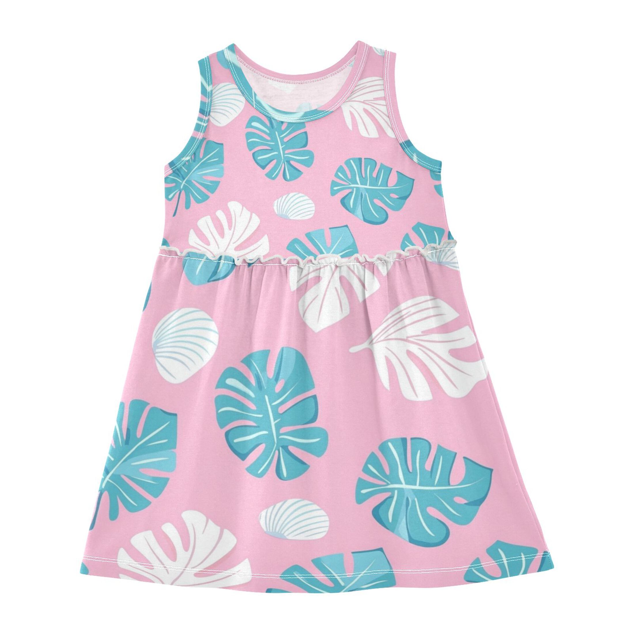 Green White Palm Leaves Shells Girls' Sleeveless Dress A-Line One-Piece ...