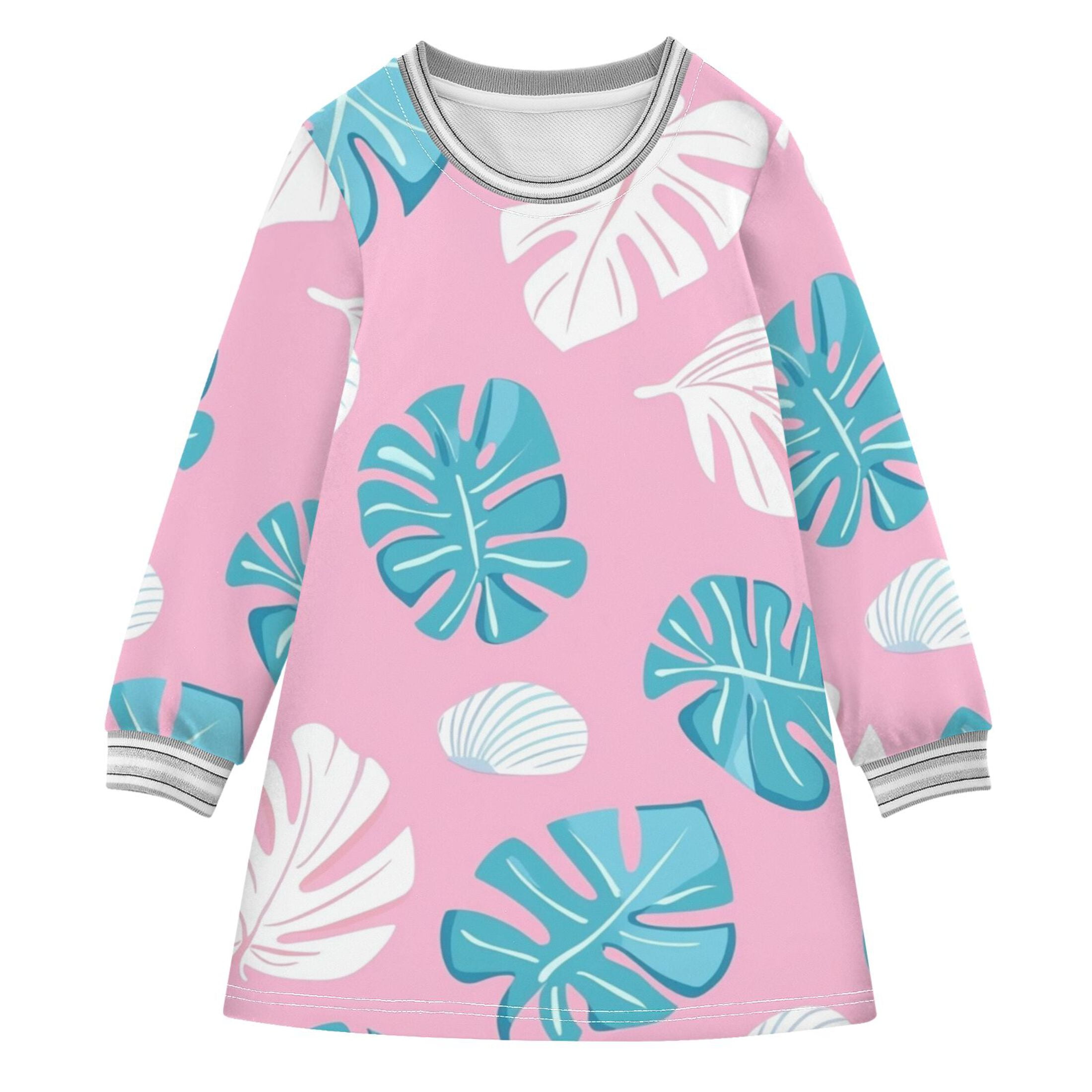 Green White Palm Leaves Shells Long-sleeved Dress A-line One-Piece ...