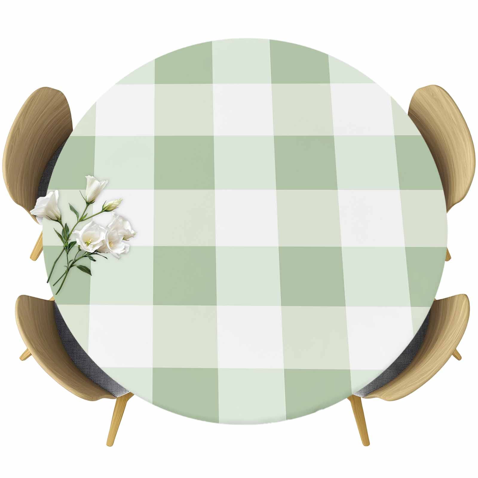 Green White Plaid Fitted Round Tablecloth Checkerd Pattern Elastic ...