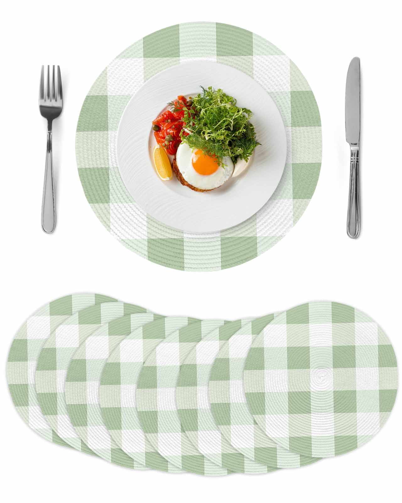 Green White Plaid Round Table Placemats set of 8, Checkerd Pattern ...