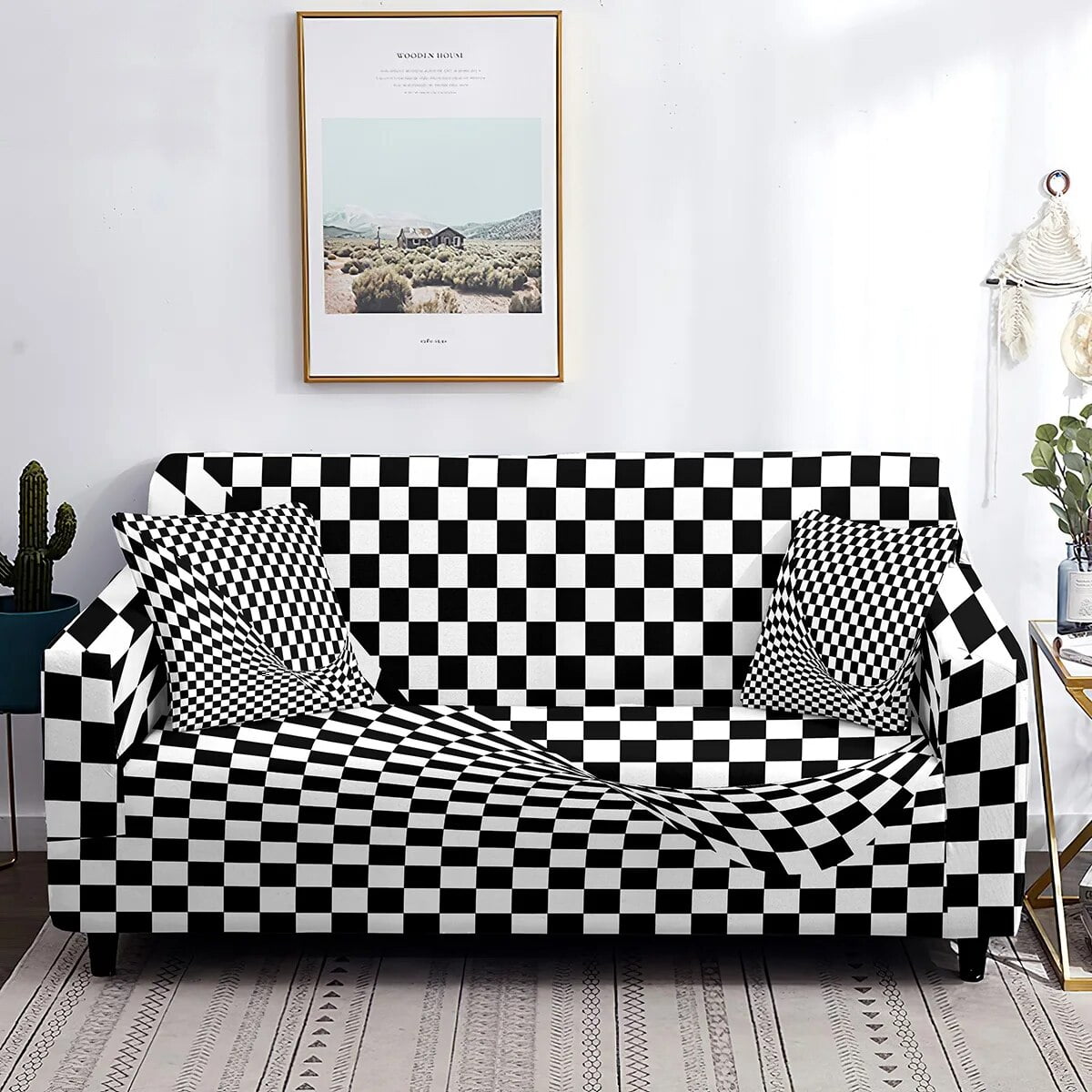 Green White Plaid Sofa Cover Checkerboard Grid Stretch Cushion ...
