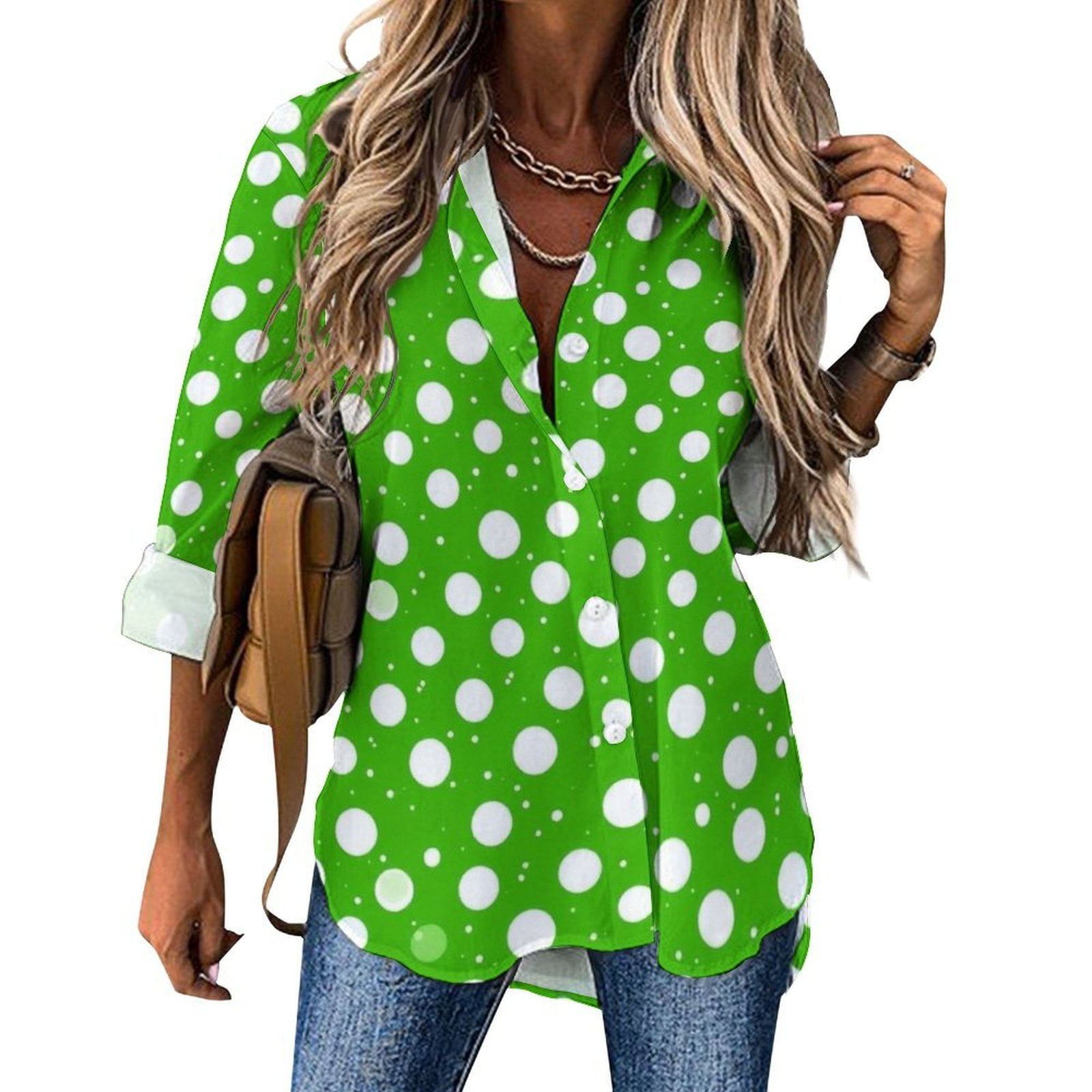 Green White Polka Dots Blouse Trendy Graphic Blouses Female Casual ...