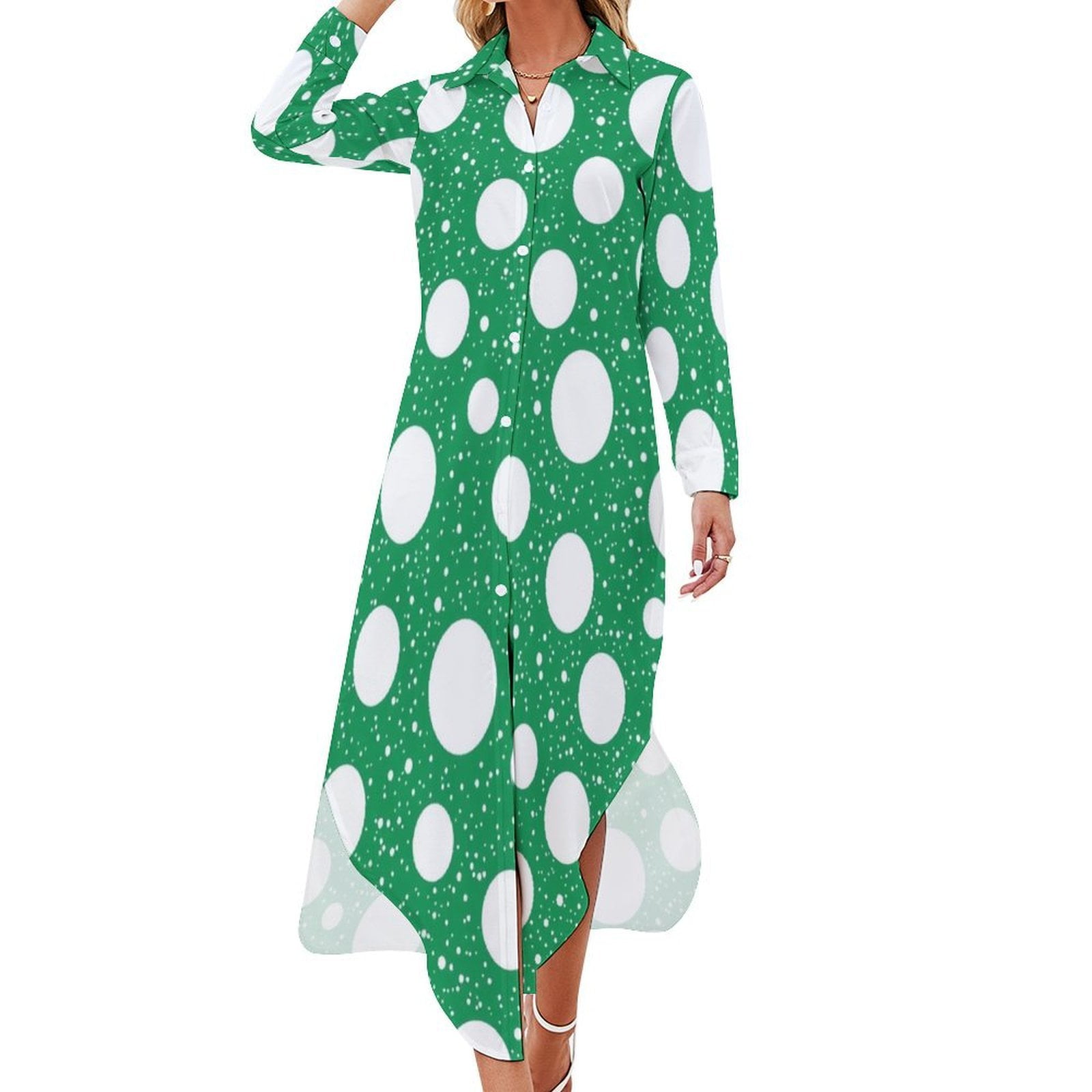 Green White Polka Dots Casual Dress V Neck Chiffon Dress Long Sleeve ...
