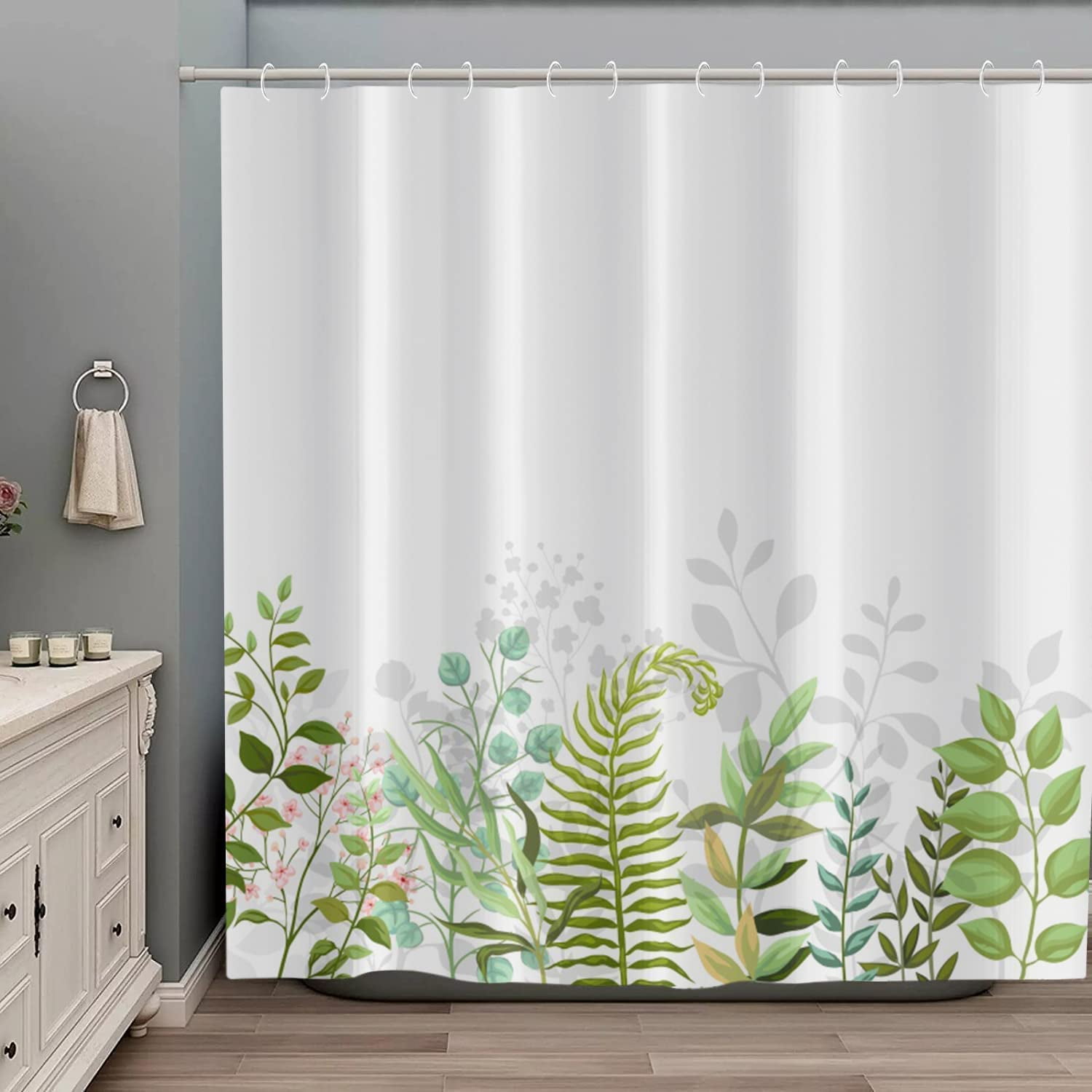 Green and White Shower Curtain, Botanical Plants Sage Green Leaf Spring ...