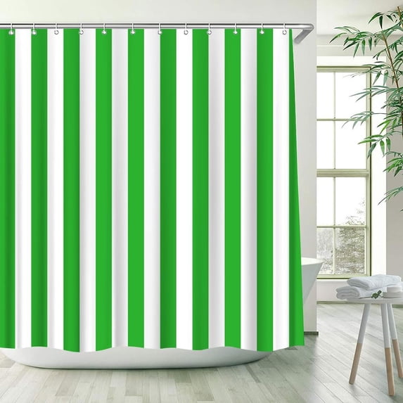 Green White Striped Shower Curtain, Vertical Stripe Geometric Pattern ...