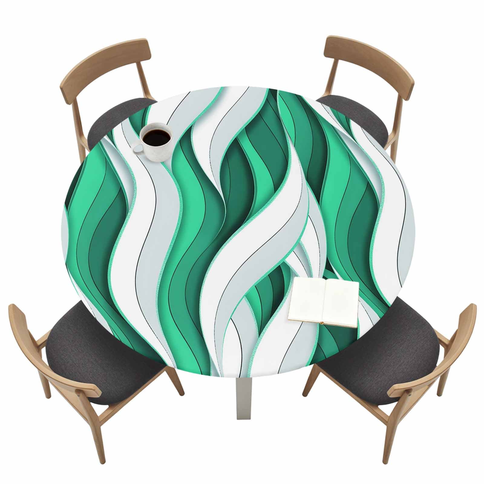 Green White Stripes Round Fitted Tablecloth with Elastic Edge Abstract ...