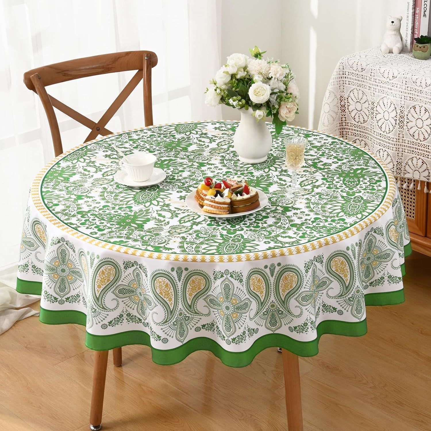 Green and White Table Cloth Round Table 60 Inch, Spring Summer Round ...