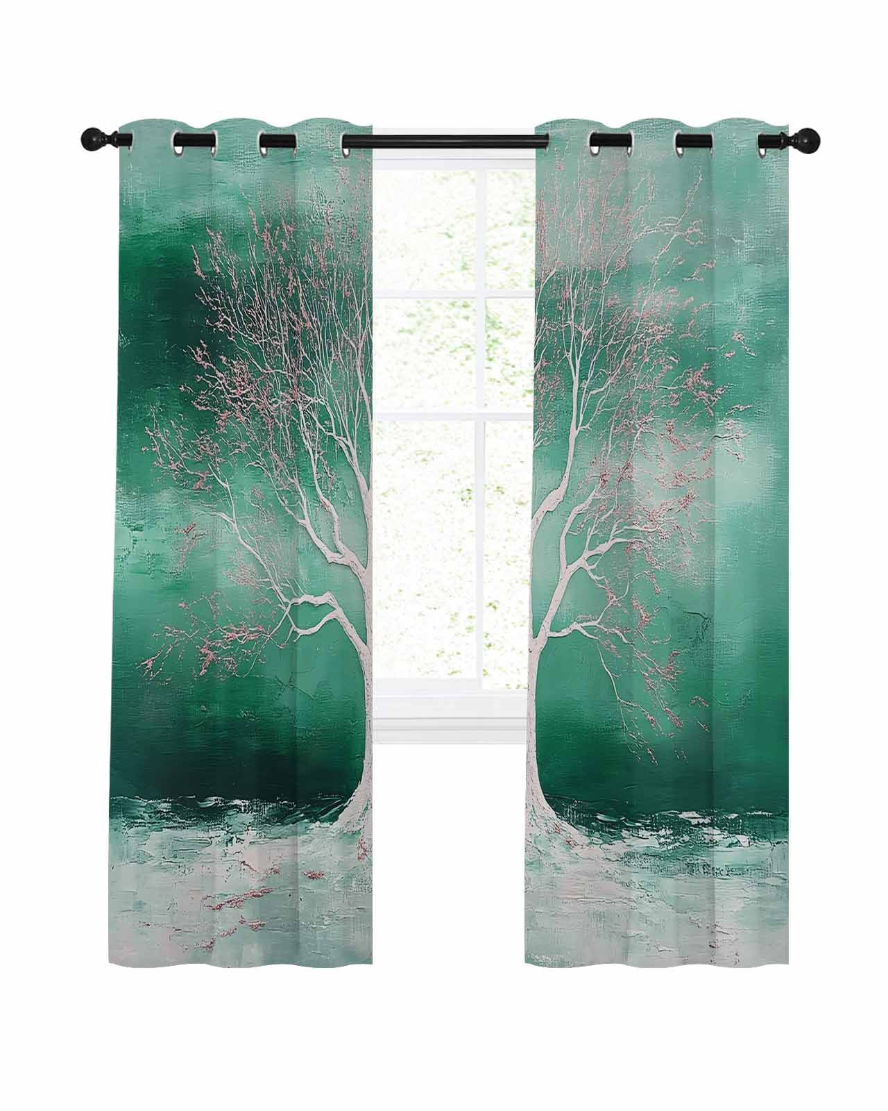 Green White Tree Blackout Curtains 63 Inch Length Vintage Abstract Art ...