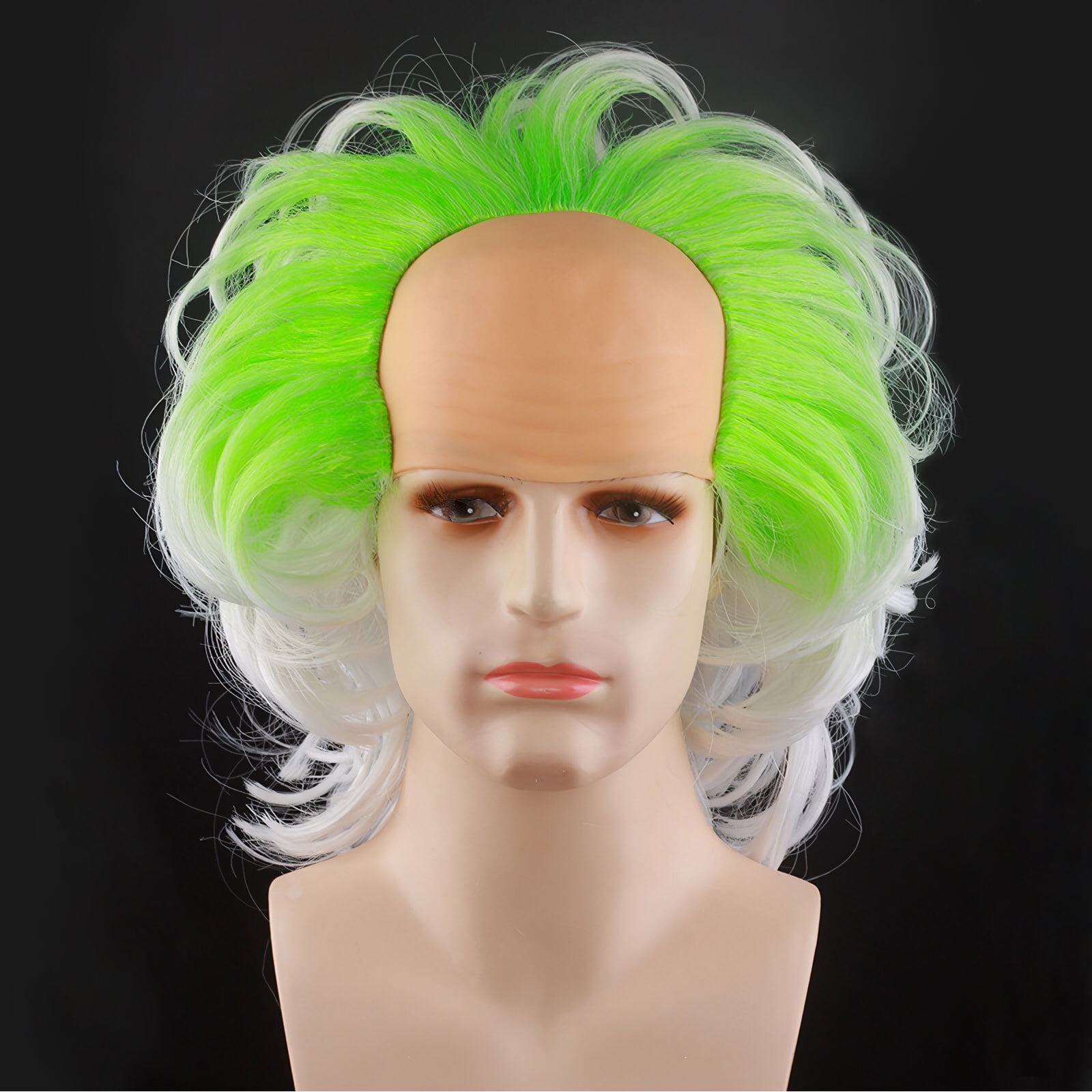 Green / White Wig with Bald Cap Clown Short Curly Wig Halloween Men ...