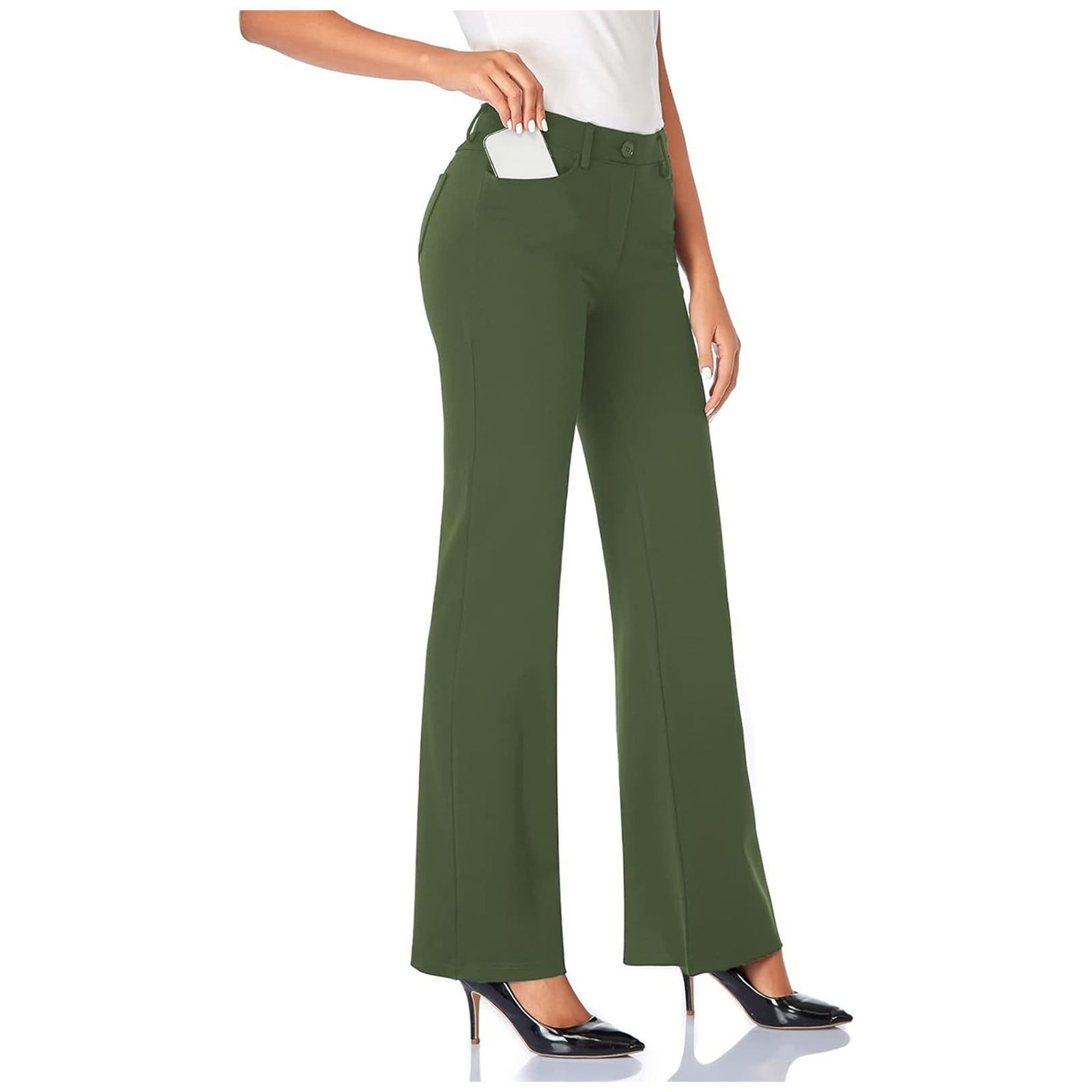 Green Wide Leg Pants Women's Stretchy Dress Pants with Pockets Tall ...