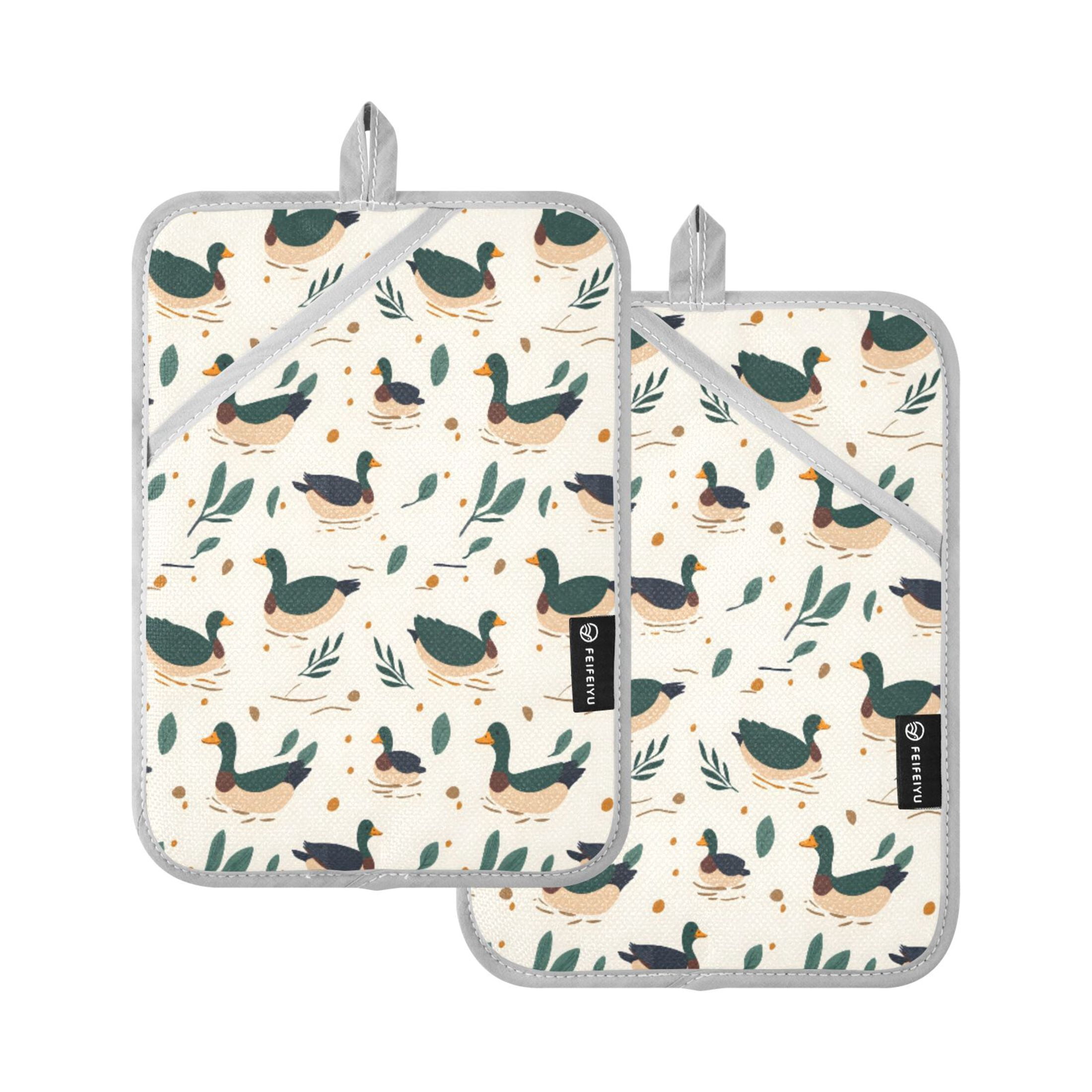 Green Wild Ducks Pattern Pot Holder Set 2 Piece Non-Slip Oven Hot Pads ...