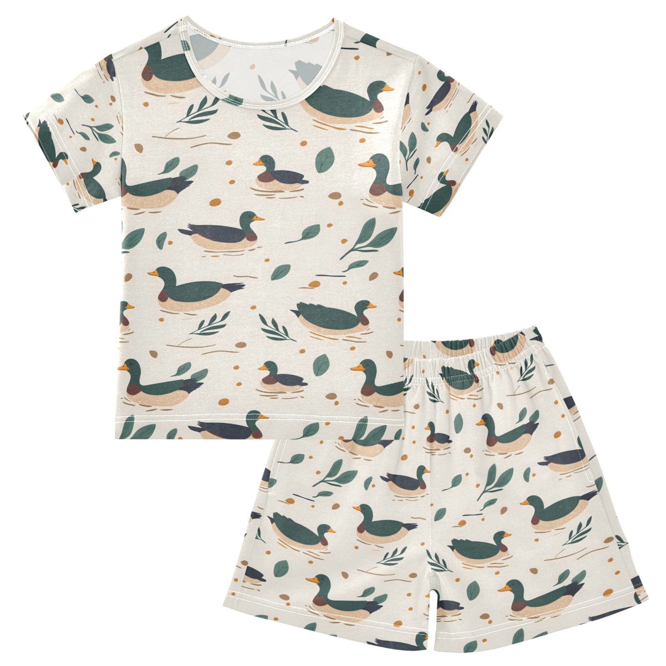 Green Wild Ducks Pattern Summer Pajama Set Soft Cotton Short Sleeve ...