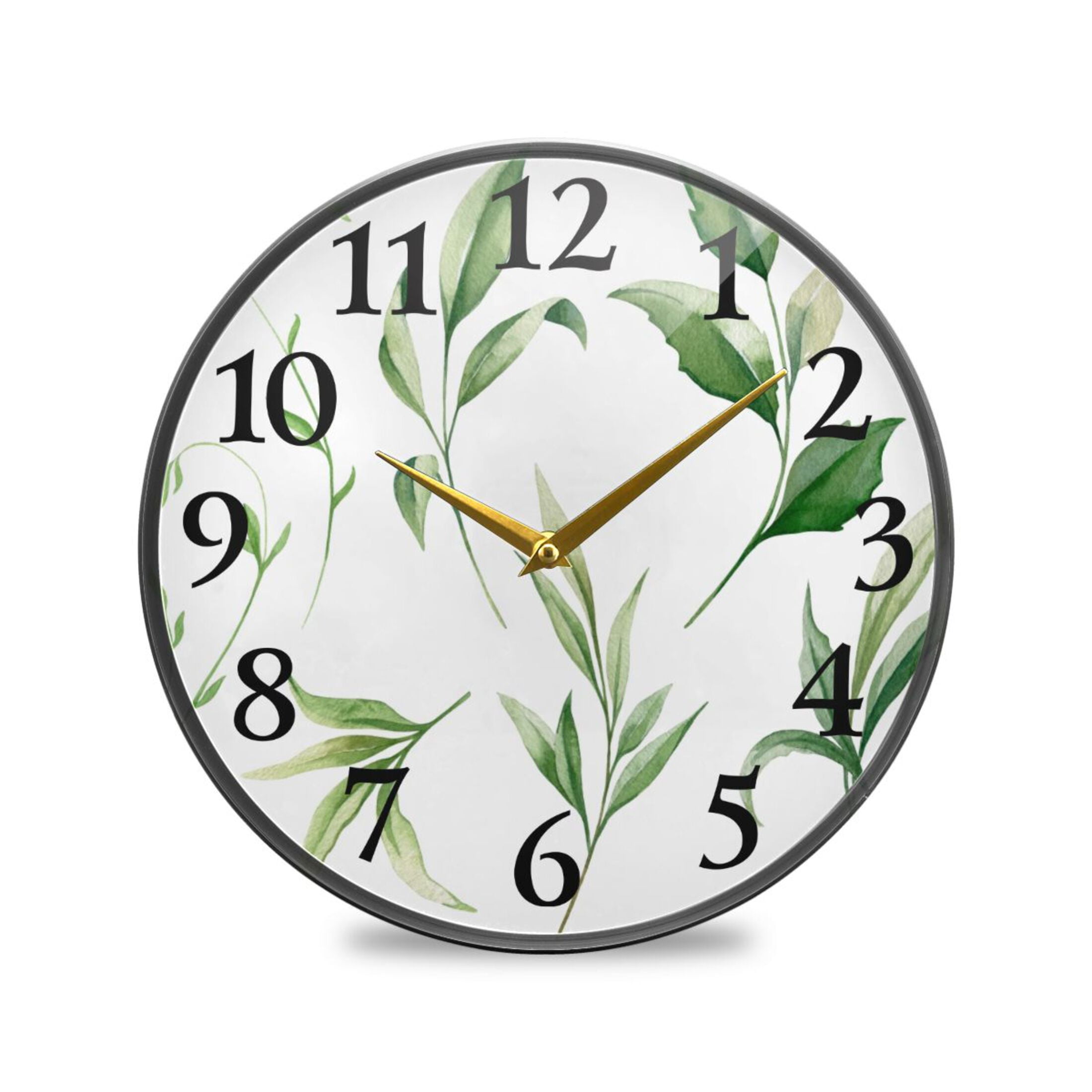 Green Wild Leaves Wall Clocks Battery Operated 11.9 Inch Round Clock ...