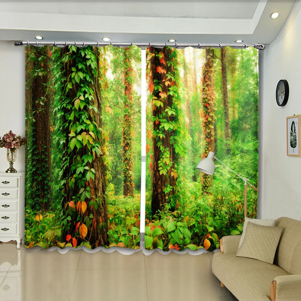 Green Window Curtain for Living Room Scenic Semi-Blackout Curtains for ...