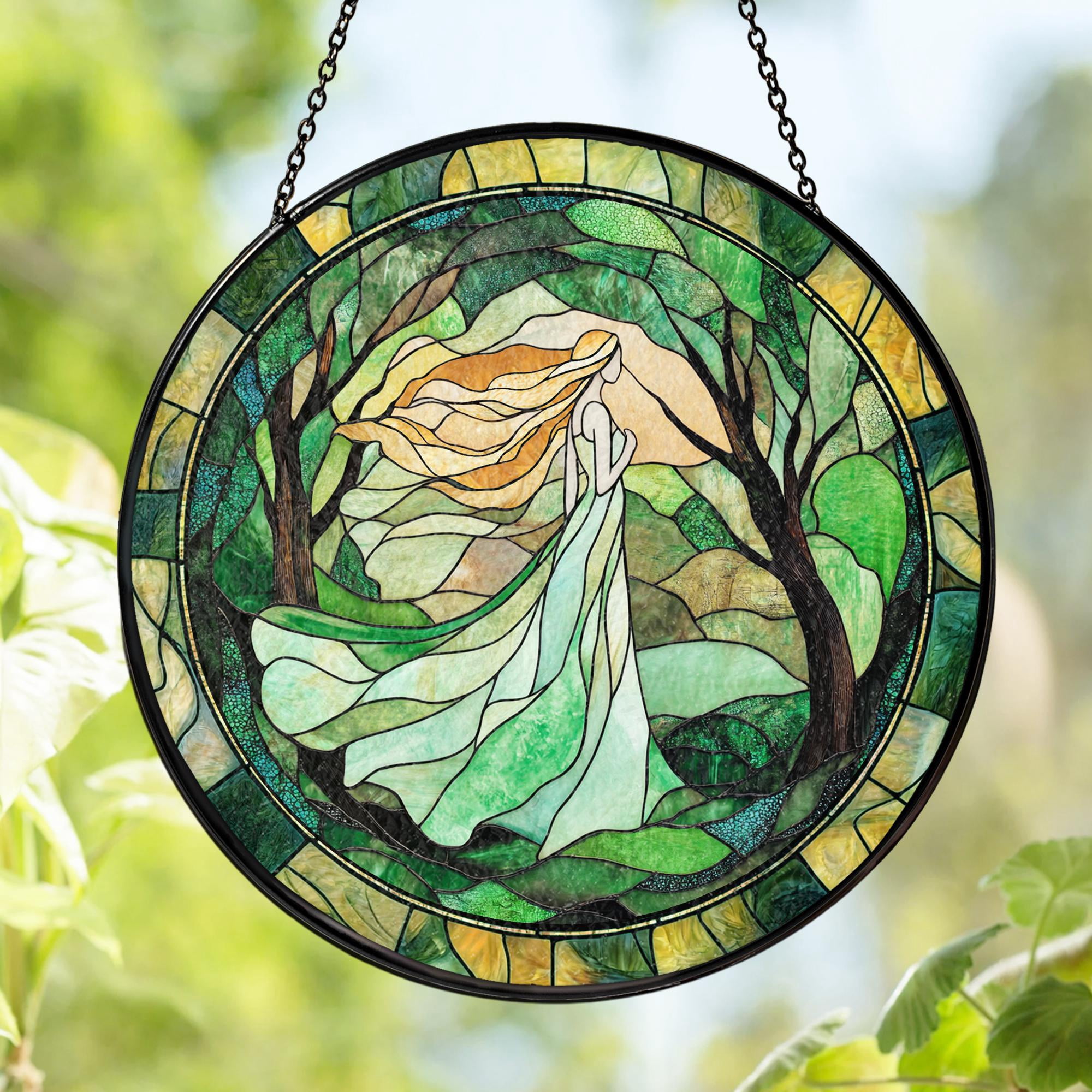 Green Witch Suncatcher, Plant Witch Stained Glass Window Hanging, Plant ...
