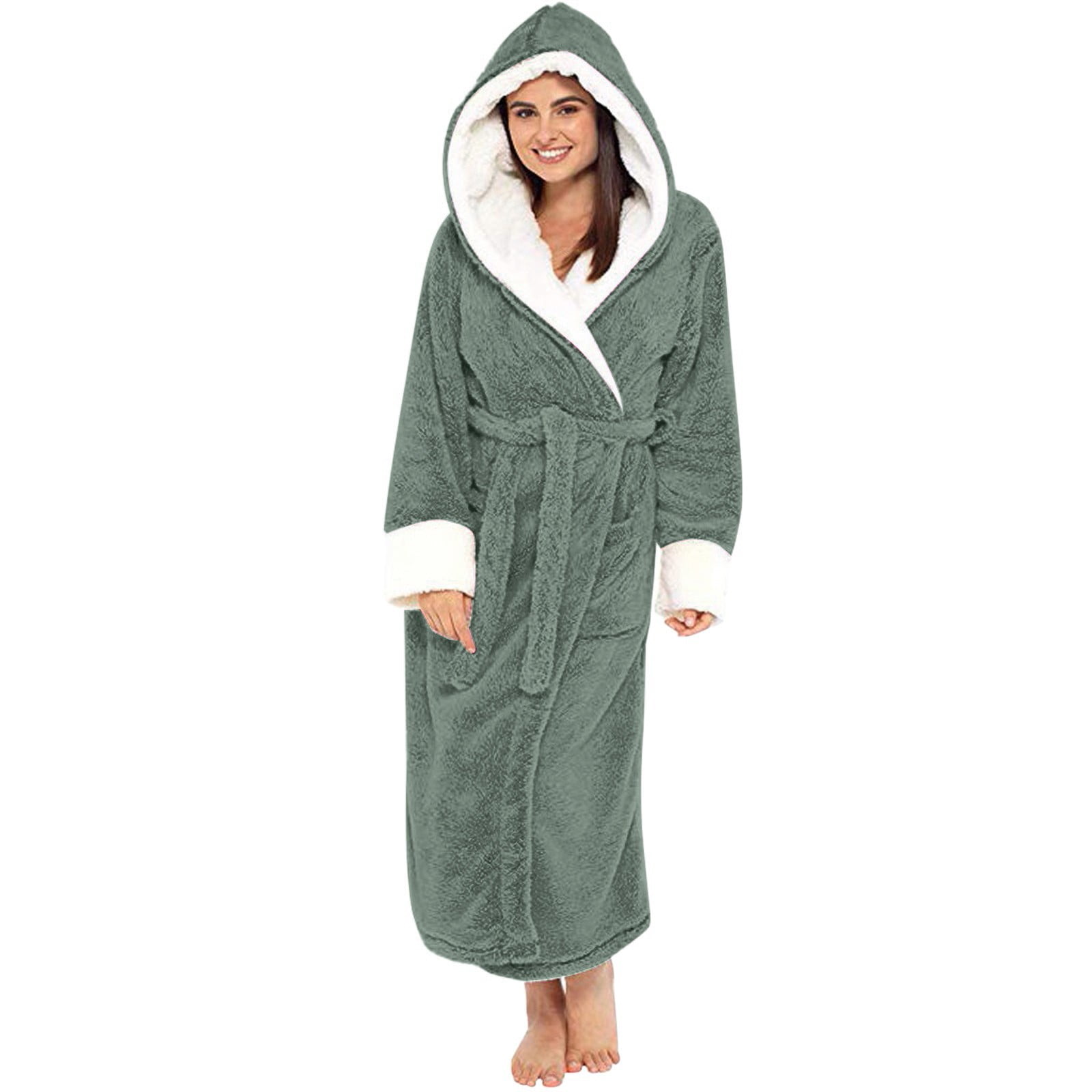 Green Women Robes, Women'S Autumn Winter Color Matching Plush ...