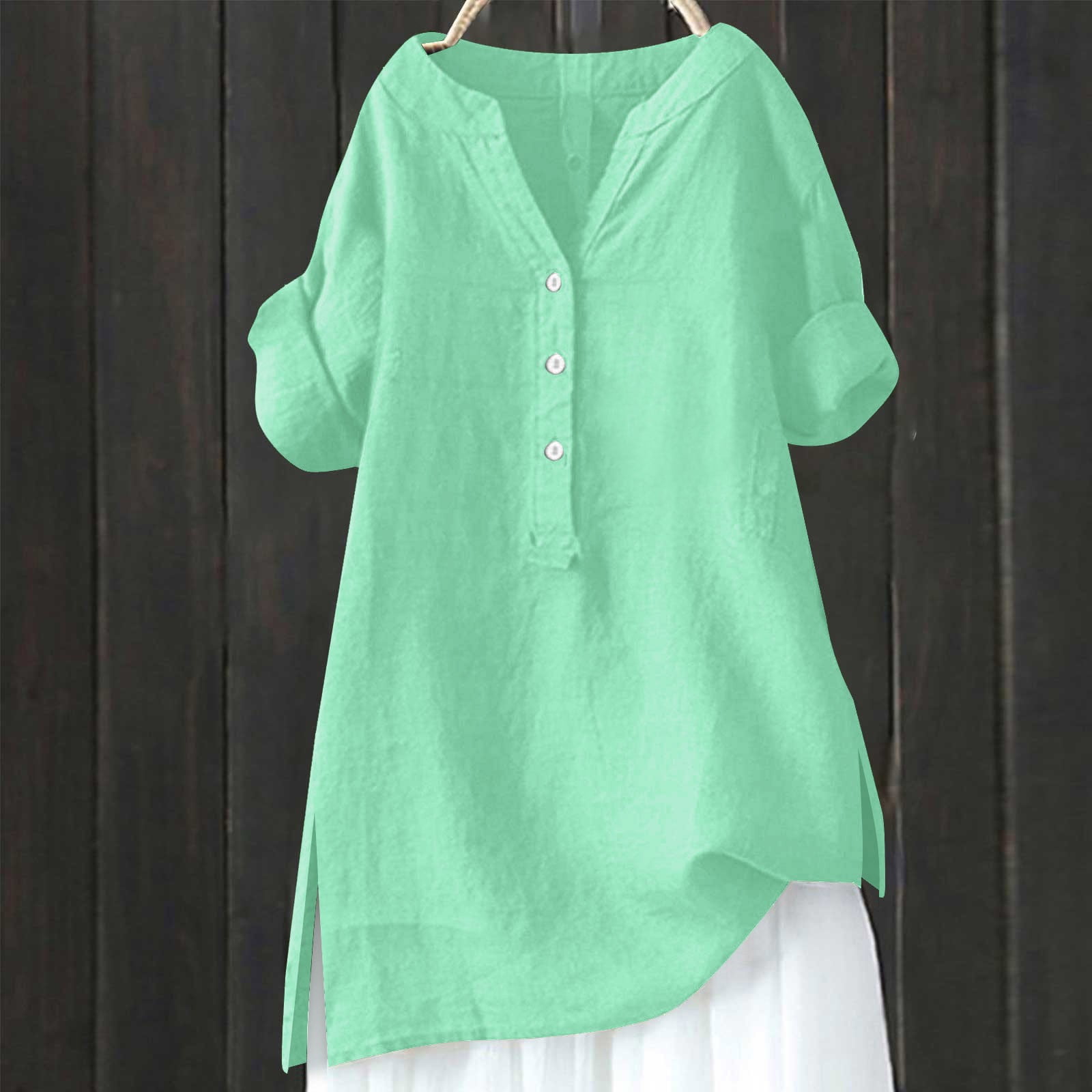 Green Womens Blouses Loose Button Shirt Top Stand Solid Color Sleeve ...