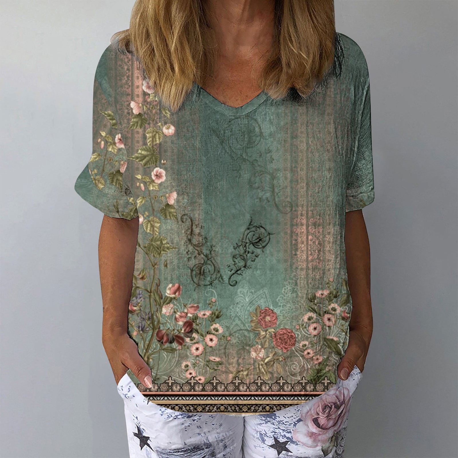 Green Womens Blouses Women Cotton and Linen Flower Art Short Sleeve V ...