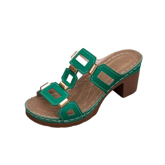 Green Womens Casual Sandals Block Heel Slip On For Women Round Toe High ...