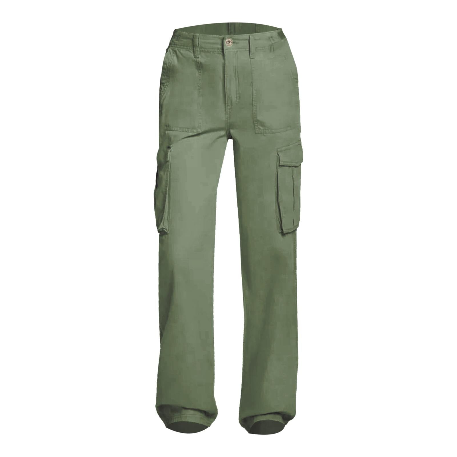Green Womens Pants Adjustable Straight Fit Cargo Pants High Waist Baggy ...