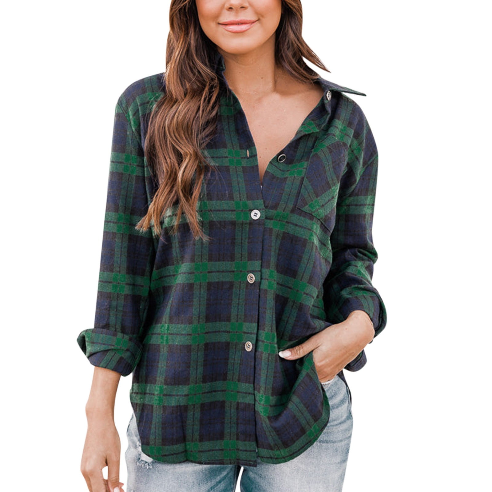 Green Womens Tops Flannel Plaid Light Weight Thin Jacket Shirts Long ...