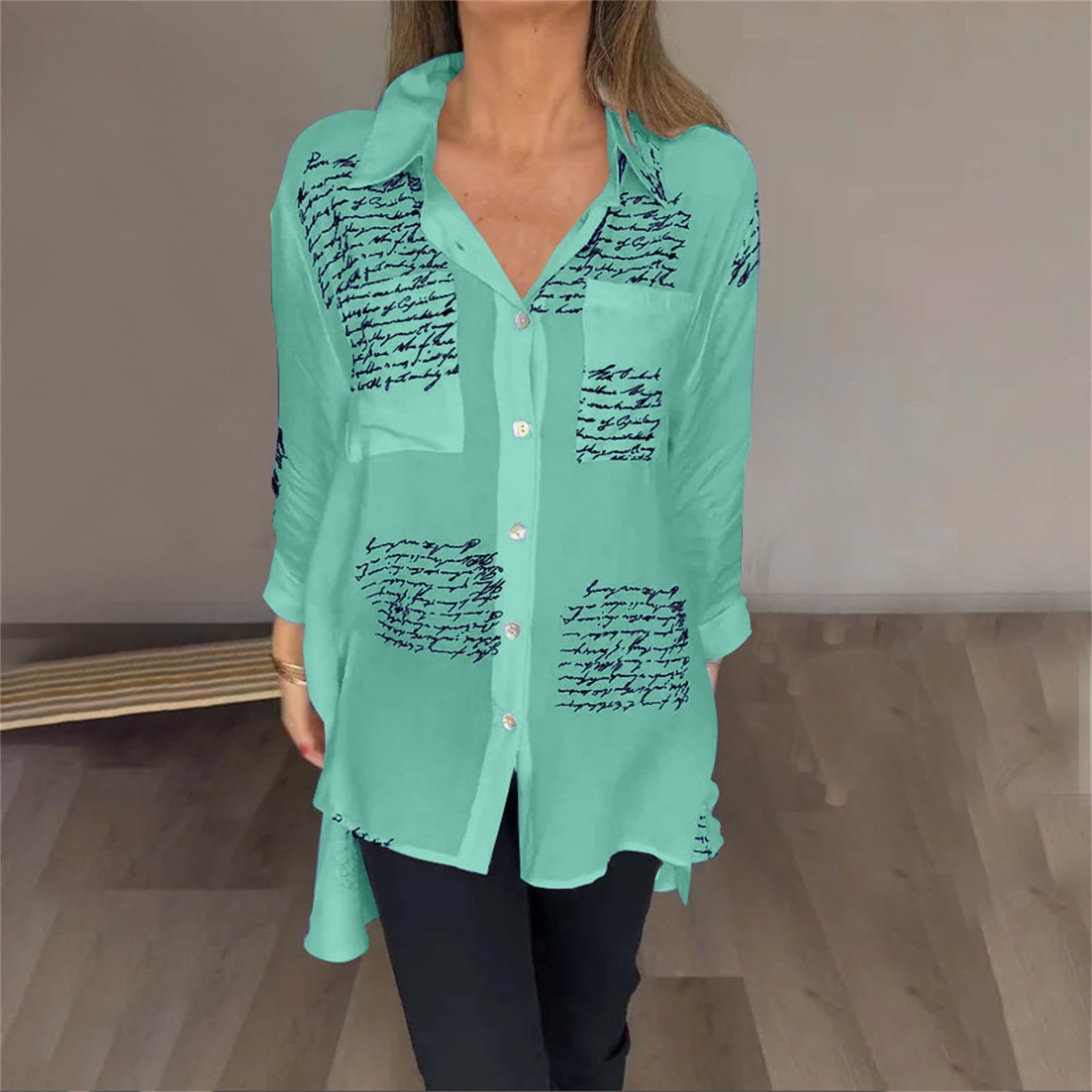 Green Womens Tops Short Front Long Back Shirt Letter Print Top Women's ...