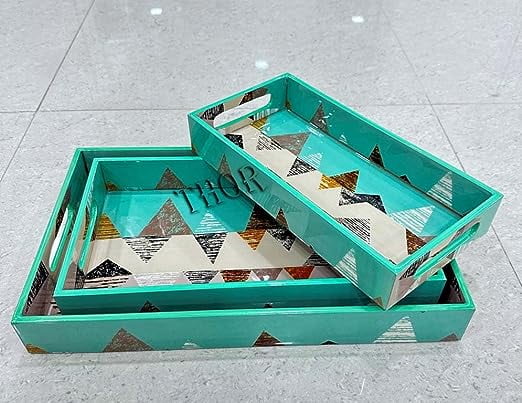 Green Wood Serving Tray,Decorative Tray Set of 3 with Nesting Stacking ...