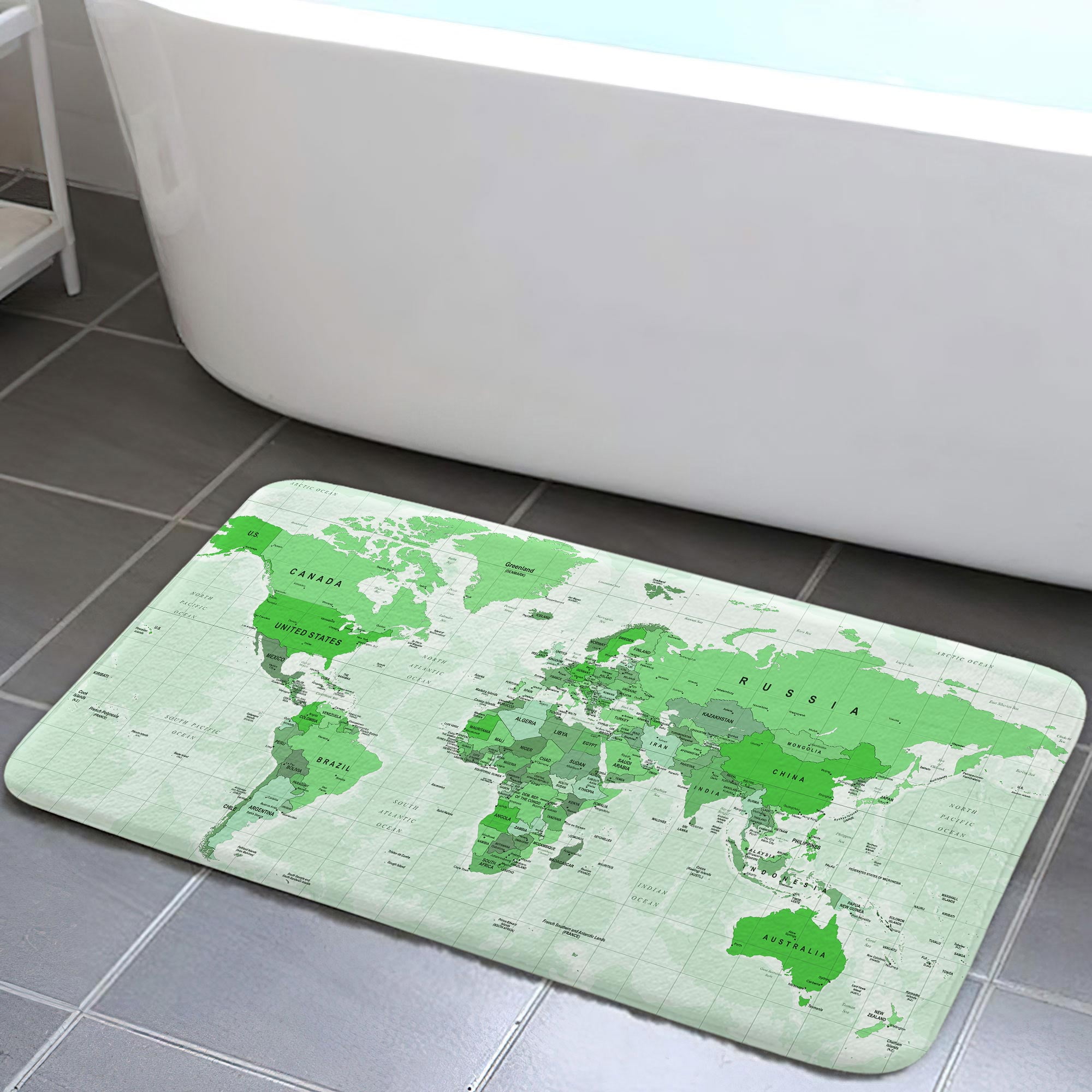 Green World Map Bath Rugs, Geographical Travel Map Bathroom Accessories ...