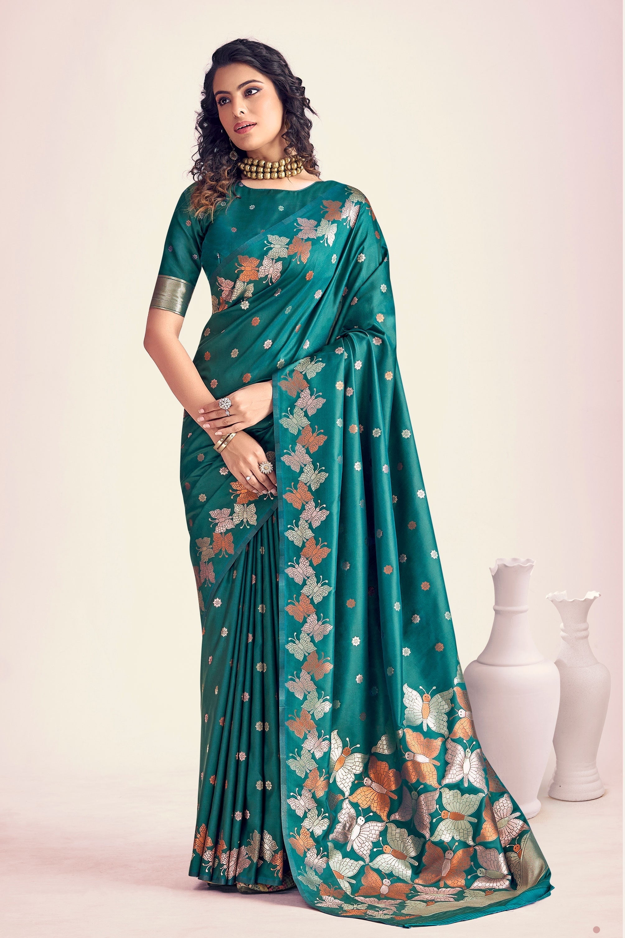 Green Woven Banarasi Silk Saree - Walmart.com
