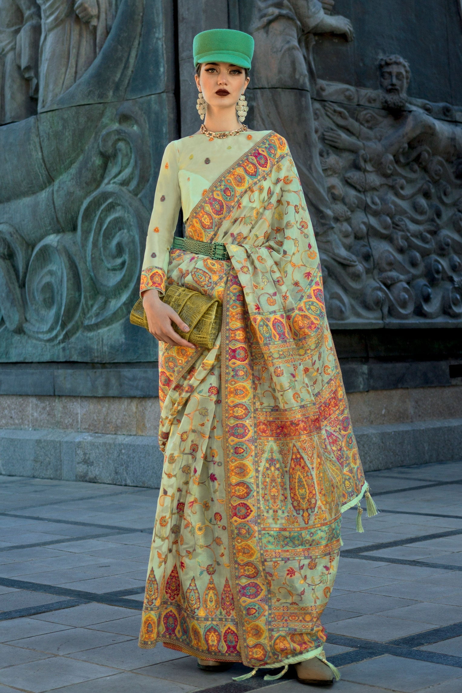 Green Woven Jamewar Kashmiri Organza Saree - Walmart.com