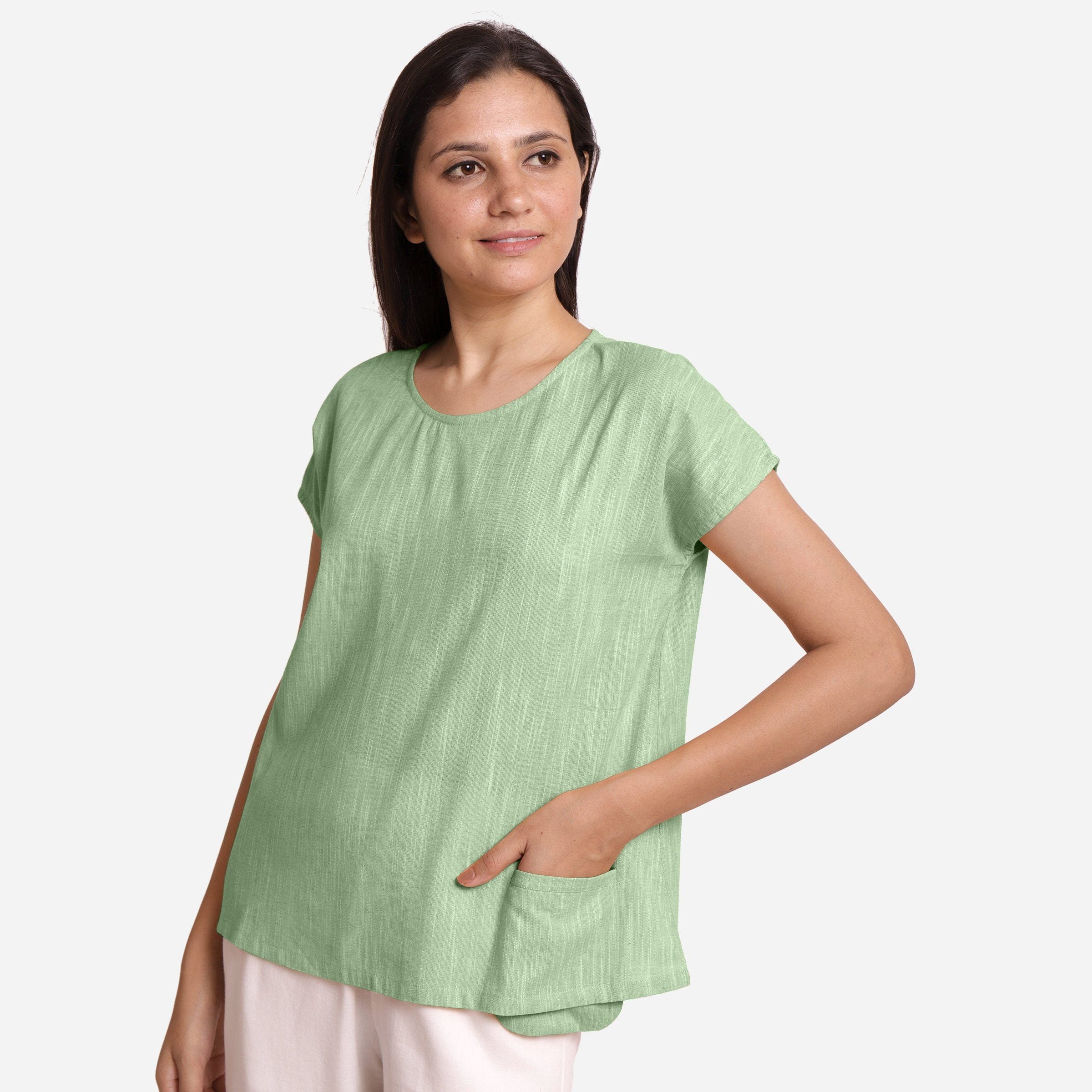 Green Yarn Dyed Cotton Boat Neck A-Line Top - Walmart.com