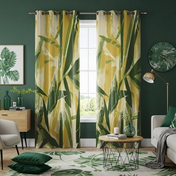 Green Yellow Abstract Botanical Blackout Curtains Modern Leaf Print ...