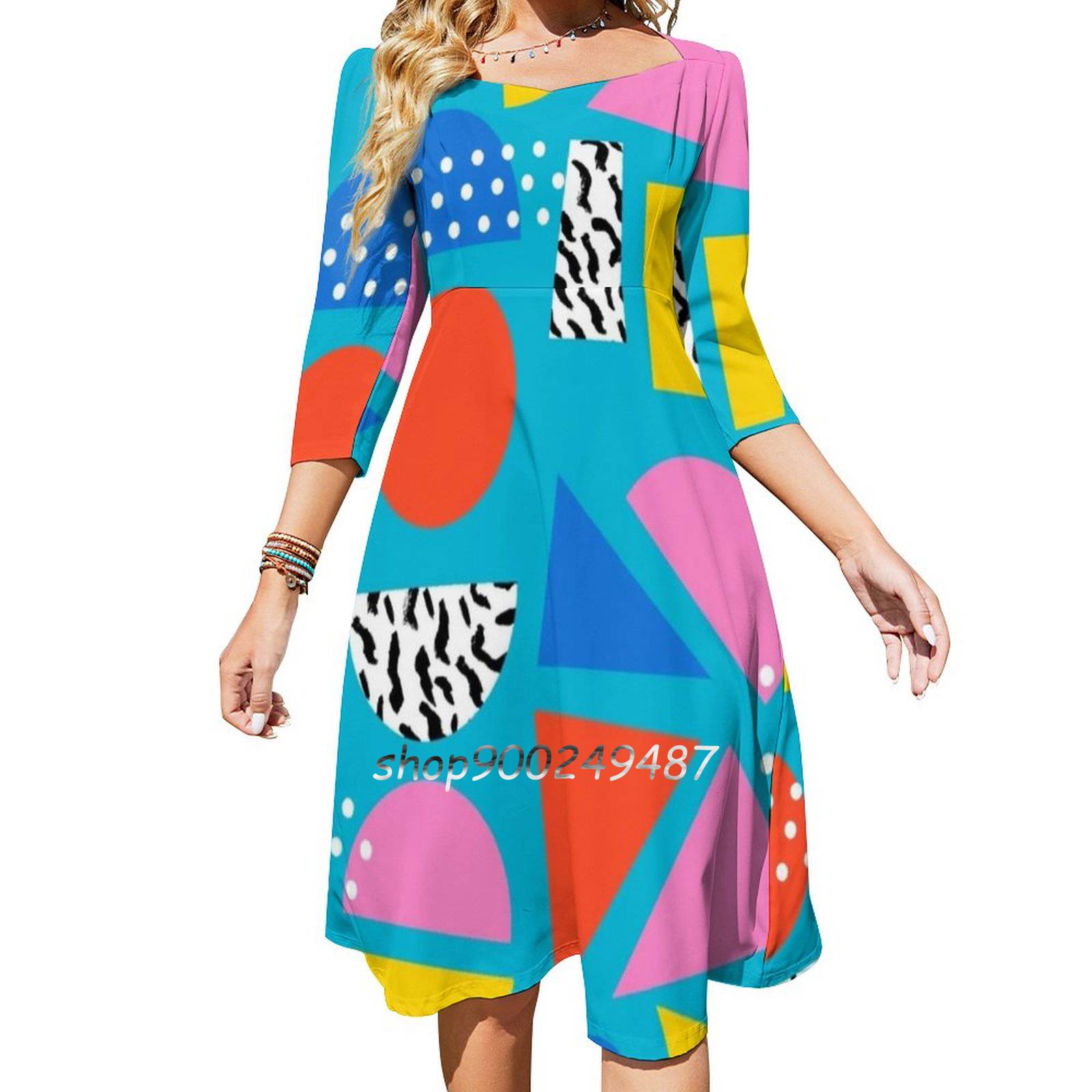 Green Yellow And Red Chelie Square Neck Dress Cute Loose Print Dresses ...