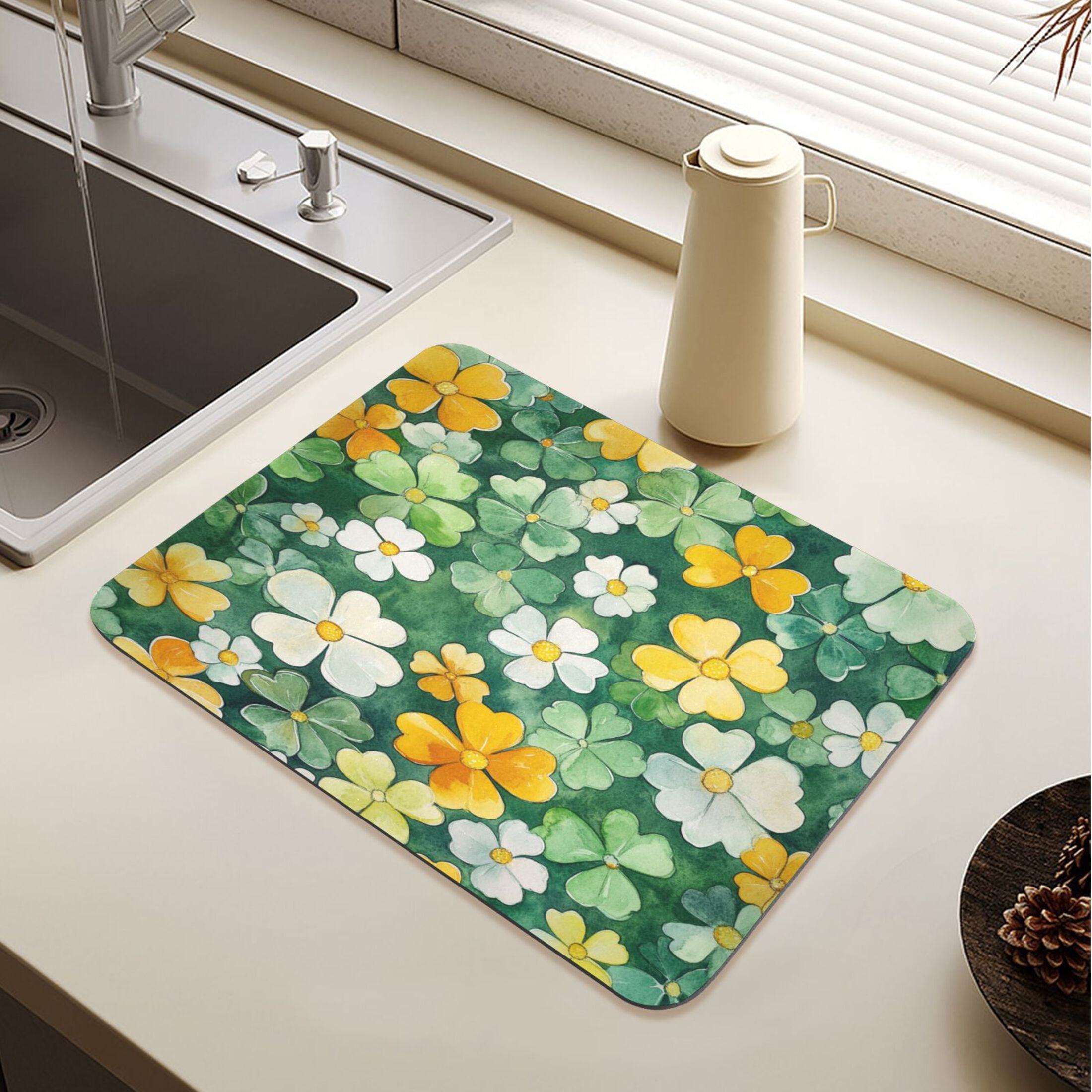 Green Yellow Blossoms Pattern Drying Mat Diatomaceous Earth Super ...