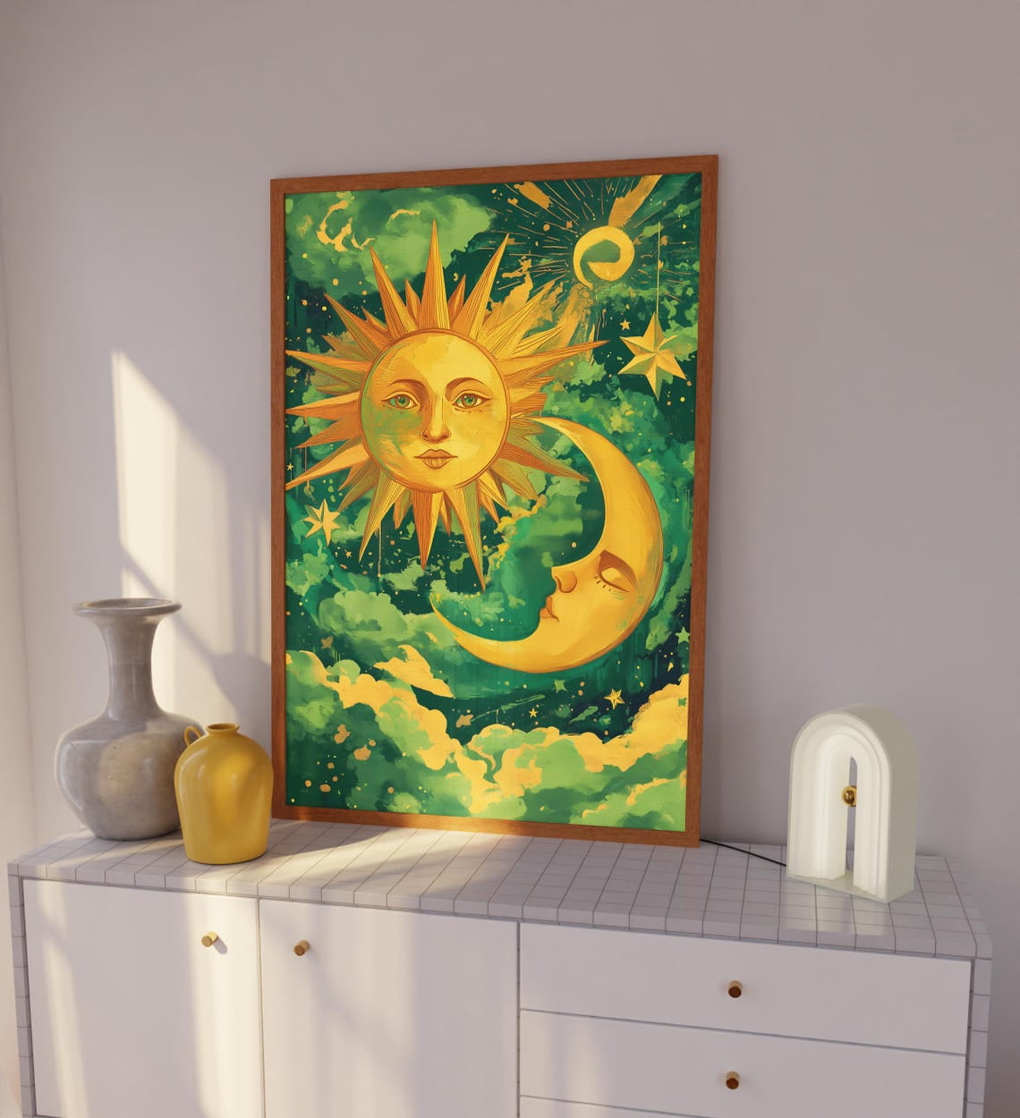 Green & Yellow Celestial Decor, Sun And Moon Wall Print, Aesthetic Room ...