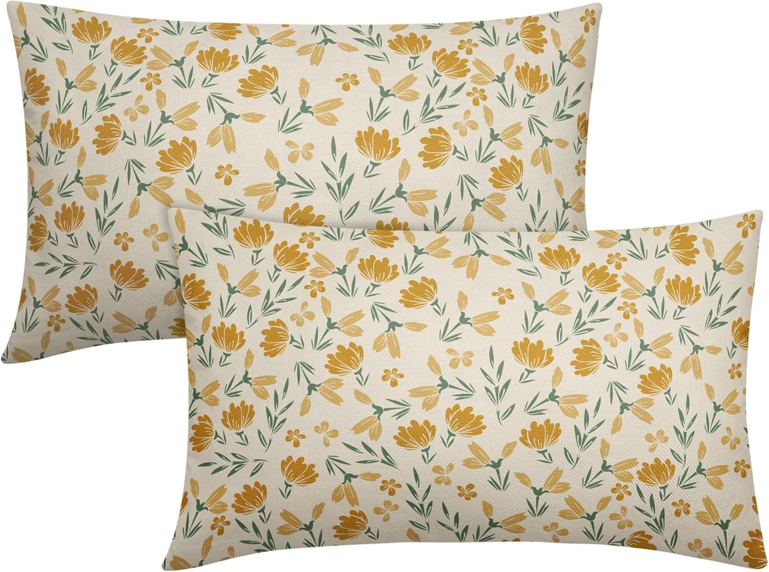 Green Yellow Floral Pillow Covers 12x20 Set of 2 Vintage Rustic Old ...