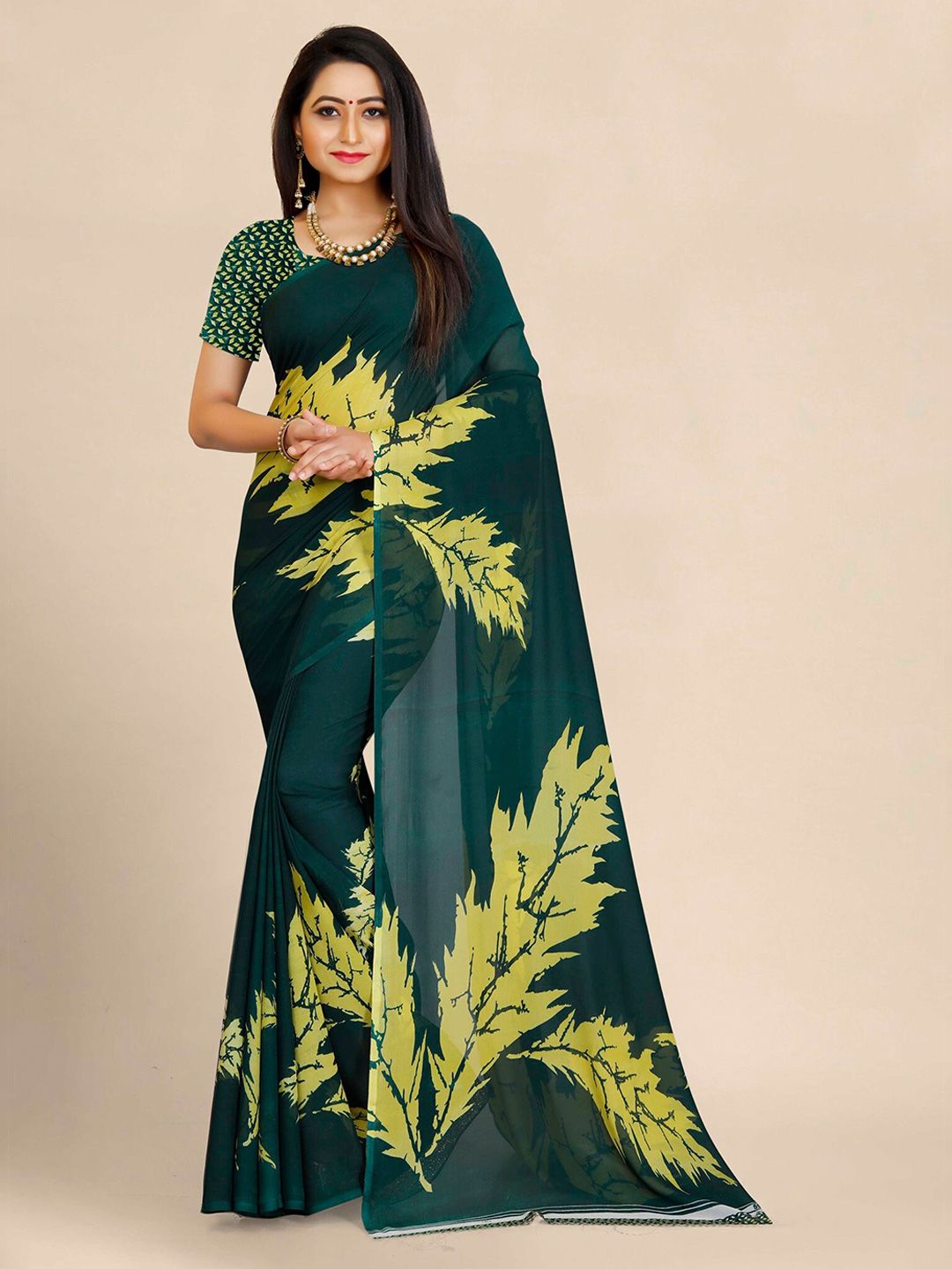 Green & Yellow Floral Pure Georgette Block Print Saree - 17842884 ...
